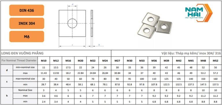 Long đen vuông DIN 436, long đen phẳng inox 304, bulong inox